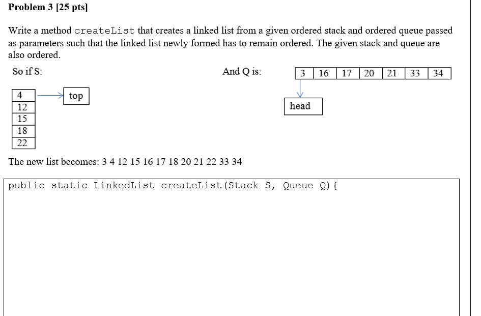 Solved Problem 3 [25 pts] Write a method createList that | Chegg.com