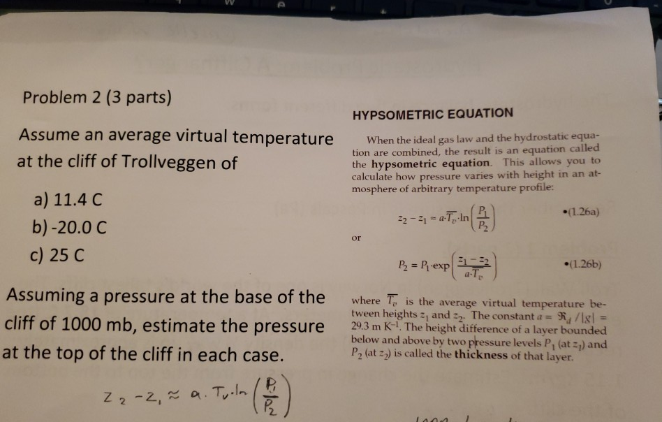 Solved Problem 2 (3 parts) HYPSOMETRIC EQUATION Assume an | Chegg.com