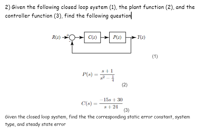 Solved Given the following closed loop system (1), ﻿the | Chegg.com