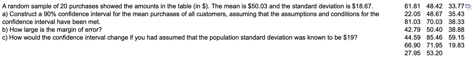 Solved A random sample of 20 purchases showed the amounts in | Chegg.com