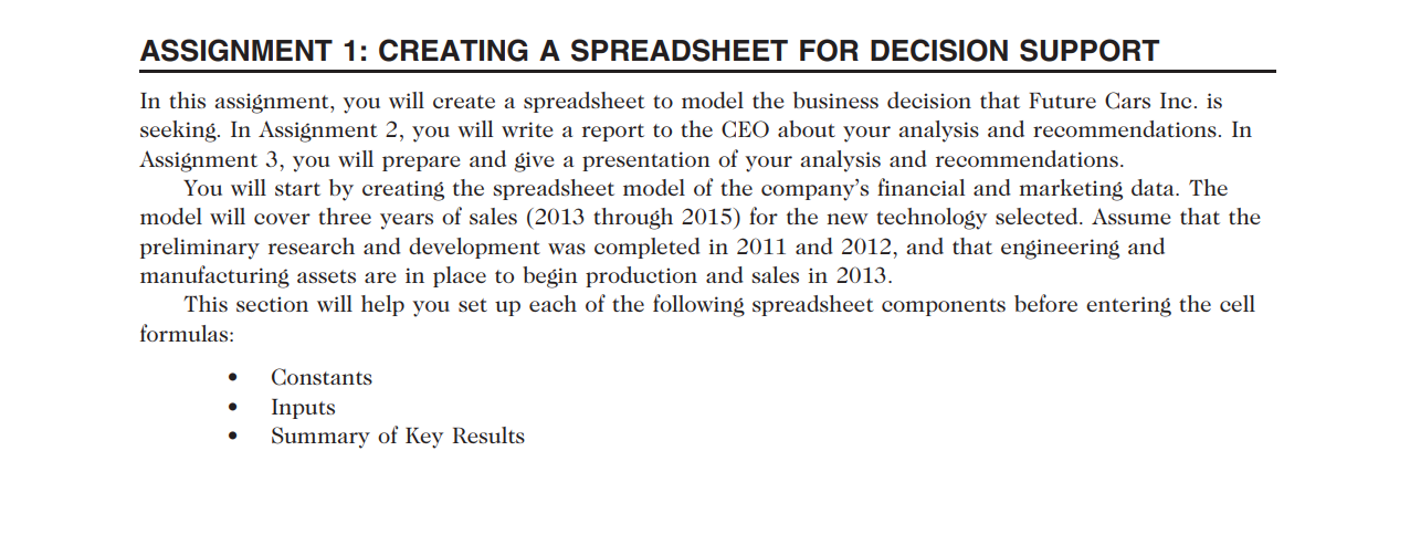 Solved ASSIGNMENT 1: CREATING A SPREADSHEET FOR DECISION | Chegg.com