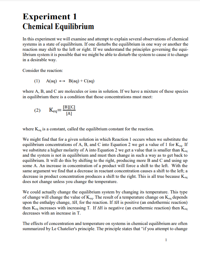Solved Experiment 1 Chemical Equilibrium In this experiment | Chegg.com