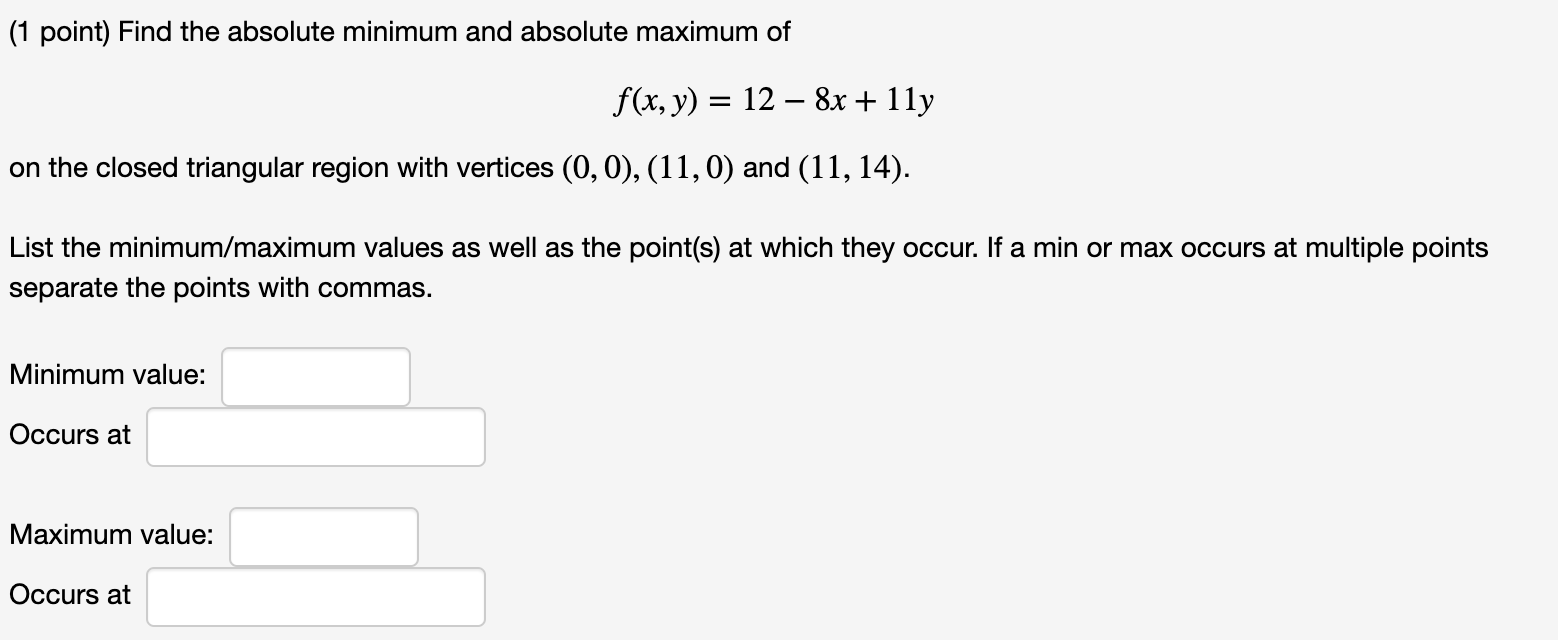 Solved (1 point) Find the absolute minimum and absolute | Chegg.com