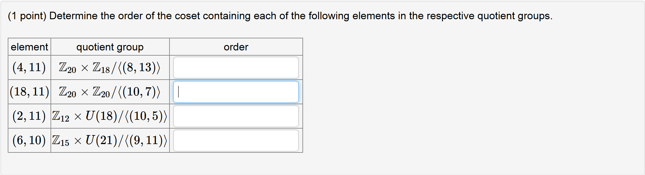 Solved (1 point) Determine the order of the coset containing | Chegg.com