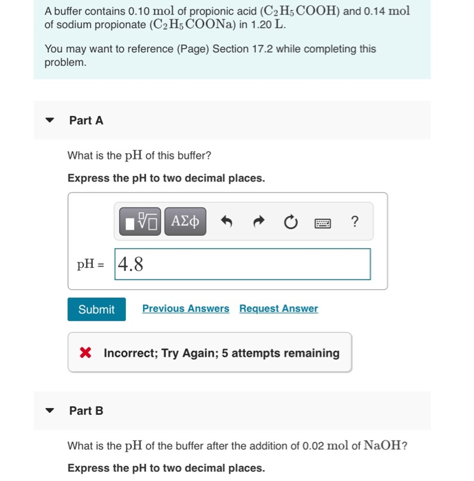 Solved A buffer contains 0.10 mol of propionic acid (C2H5 | Chegg.com