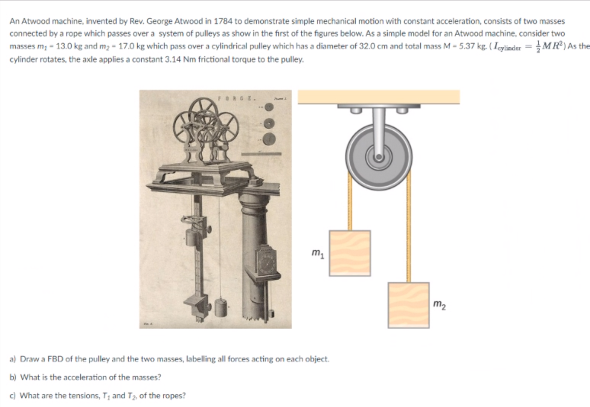 Solved An Atwood machine, invented by Rev. George Atwood in | Chegg.com