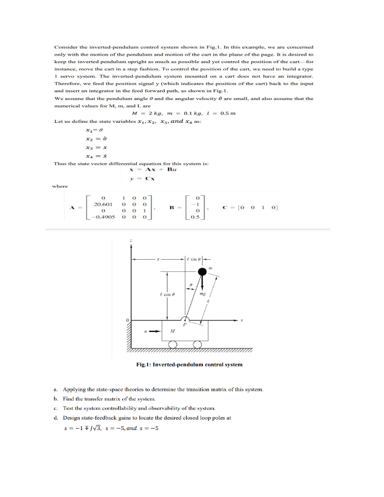 Solved Consider the inverted pendulum control system shown | Chegg.com