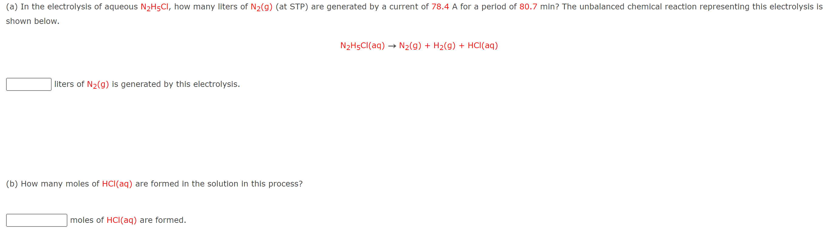 Solved shown below. N2H5Cl(aq)→N2( g)+H2( g)+HCl(aq) liters | Chegg.com