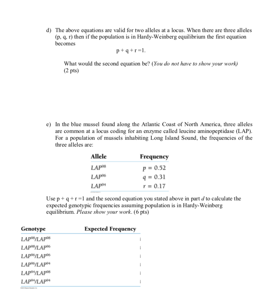 Solved d) The above equations are valid for two alleles at a | Chegg.com