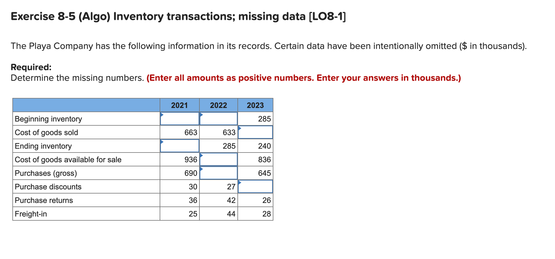 Solved Exercise 8-5 (Algo) Inventory transactions; missing | Chegg.com