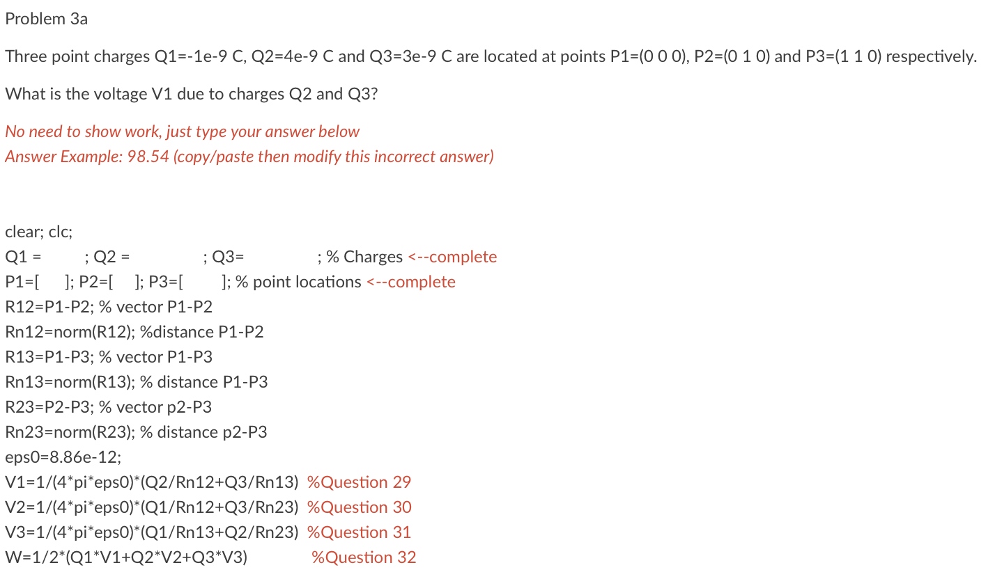 Solved Problem 3a Three point charges Q1=-1e-9 C, Q2=4e-9 C | Chegg.com