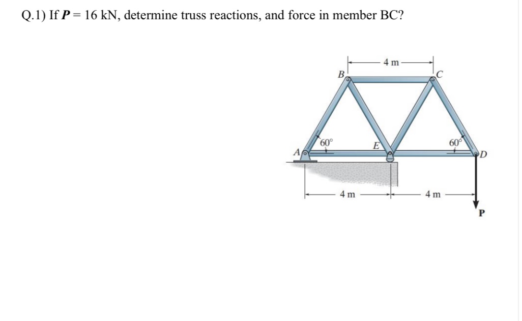 Solved Q.1) If P=16kN, determine truss reactions, and force | Chegg.com
