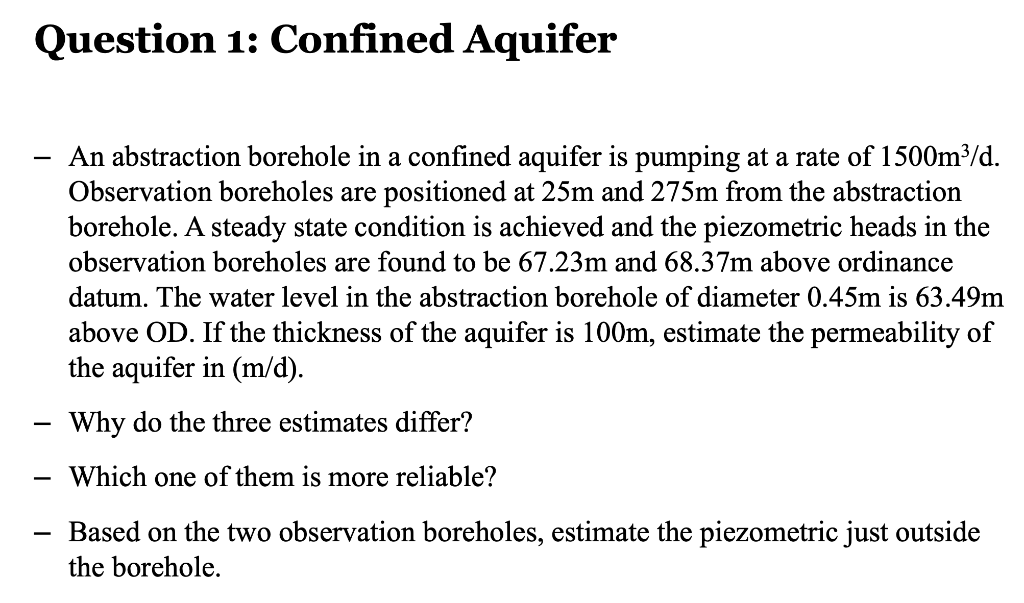 Solved Question 1: Confined Aquifer - An abstraction | Chegg.com