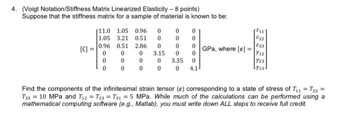 Solved 4. (Voigt Notation/Stiffness Matrix Linearized | Chegg.com
