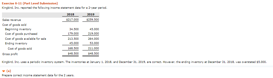 Solved Exercise 6-11 (Part Level Submission) Kingbird, Inc. | Chegg.com