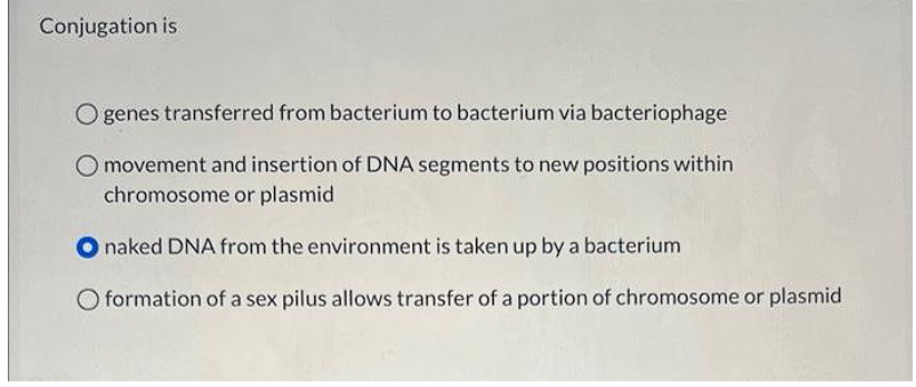 Solved Conjugation isgenes transferred from bacterium to | Chegg.com
