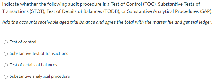 Solved Indicate whether the following audit procedure is a | Chegg.com
