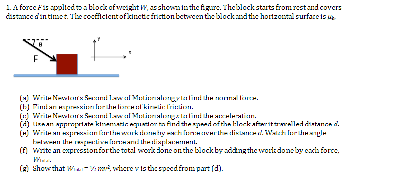 Solved 1. A force Fis applied to a block of weight W, as | Chegg.com