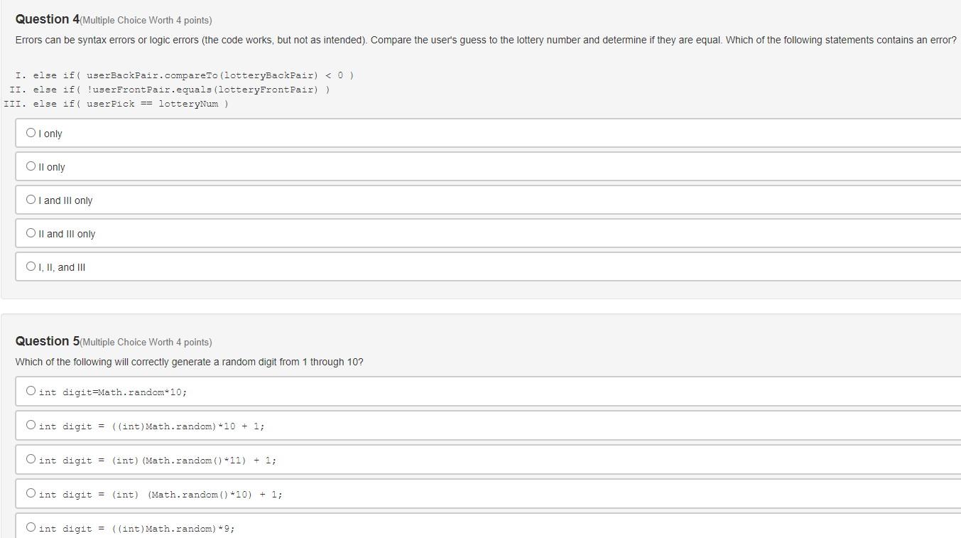 Solved Question 4(Multiple Choice Worth 4 points) I. else | Chegg.com