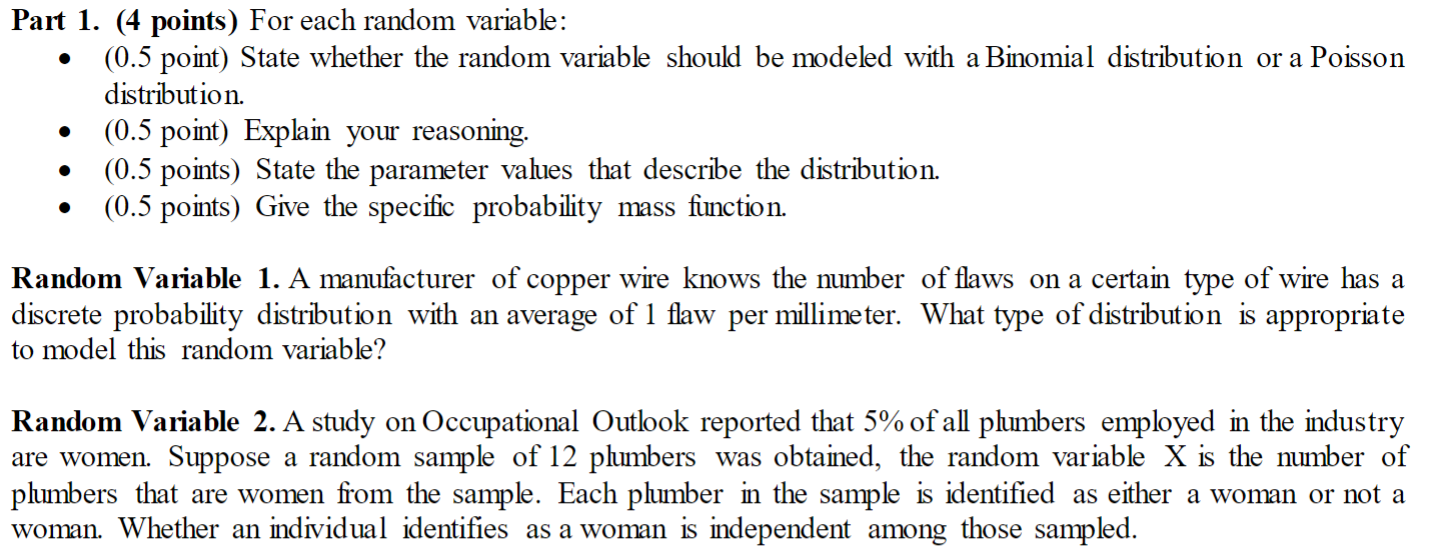 Solved Part 1. (4 points) For each random variable: (0.5 | Chegg.com