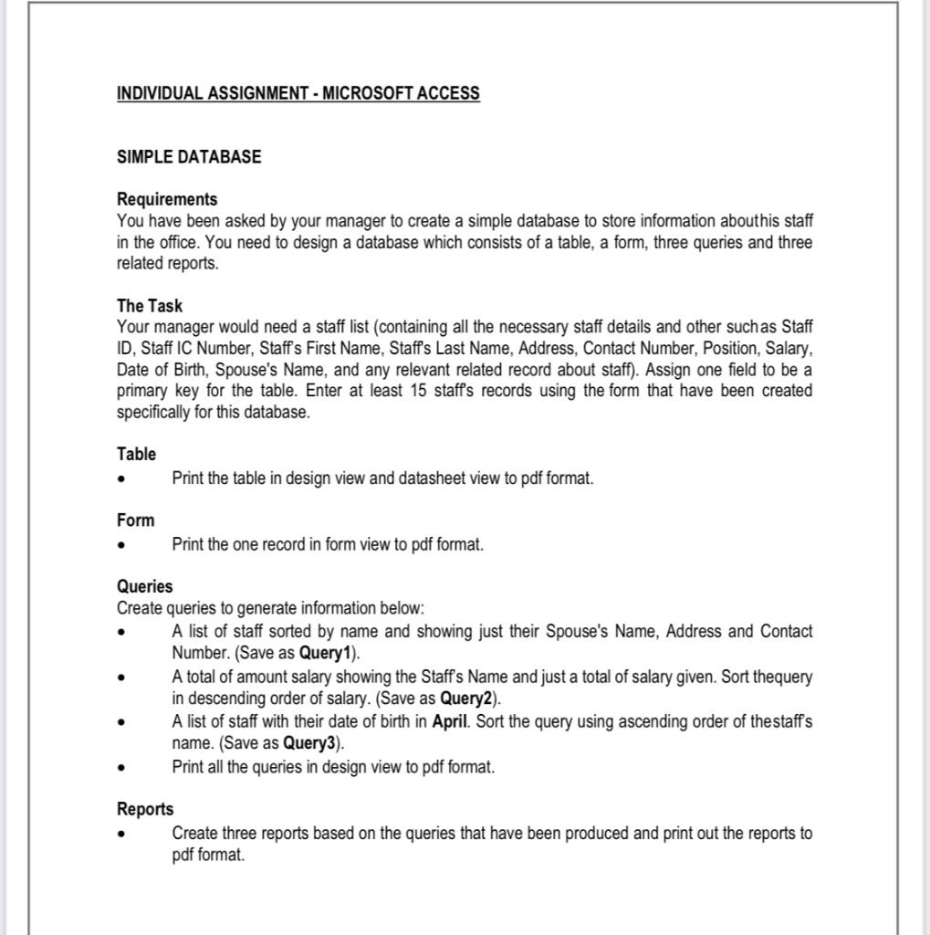 Solved INDIVIDUAL ASSIGNMENT - MICROSOFT ACCESS SIMPLE | Chegg.com