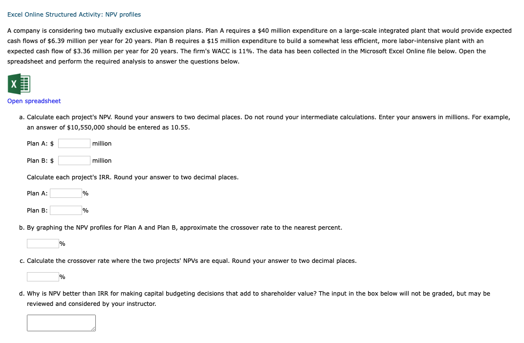 Solved Excel Online Structured Activity: NPV profiles A | Chegg.com