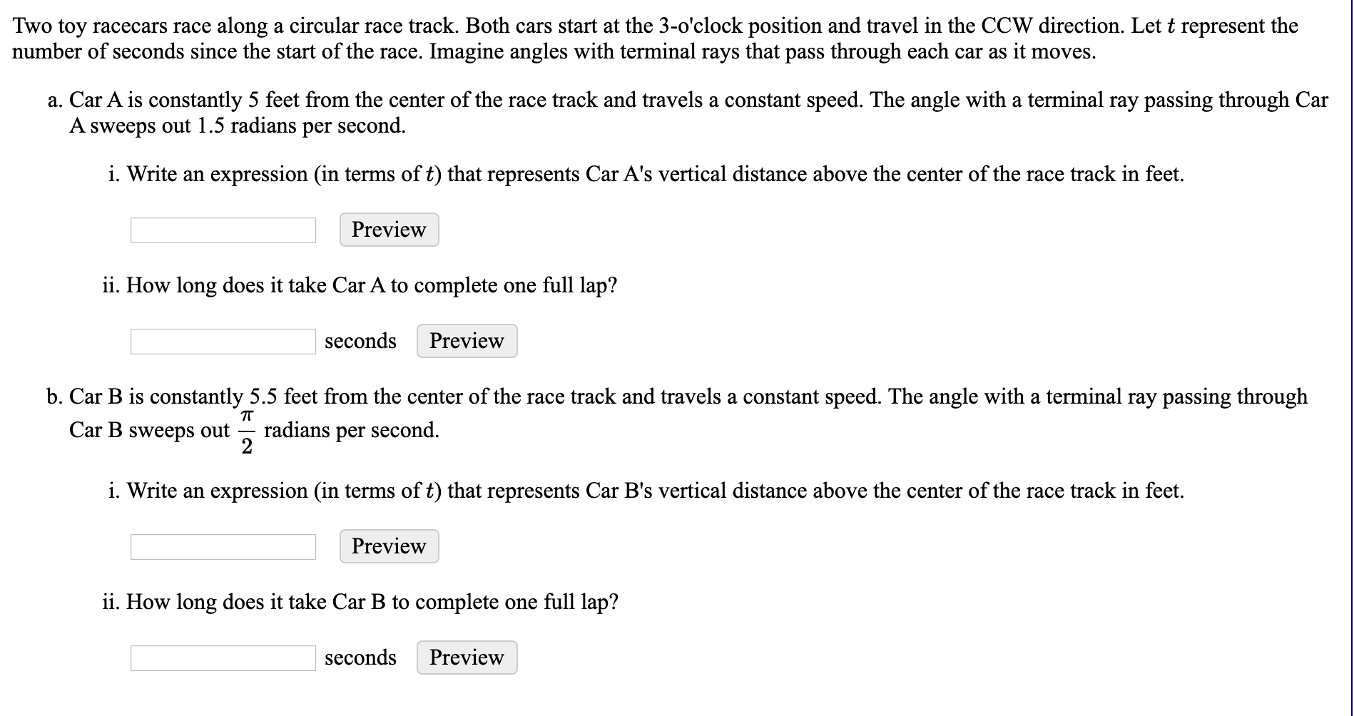 Solved Two toy racecars race along a circular race track. | Chegg.com