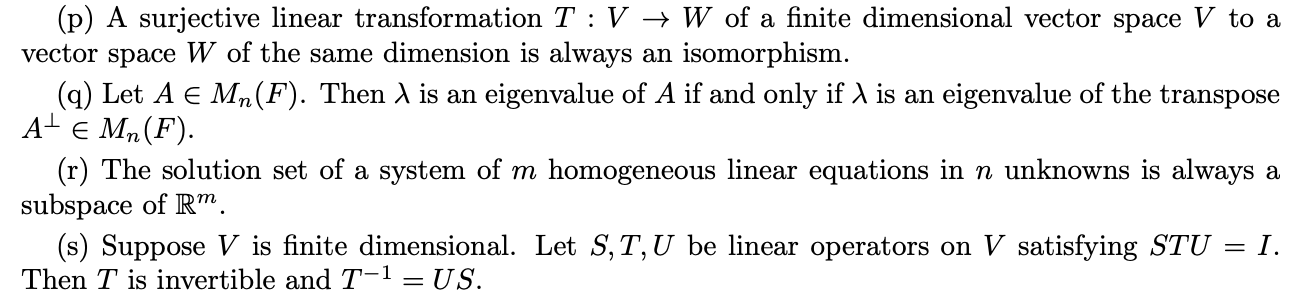 Solved (p) A surjective linear transformation T:V + W of a | Chegg.com