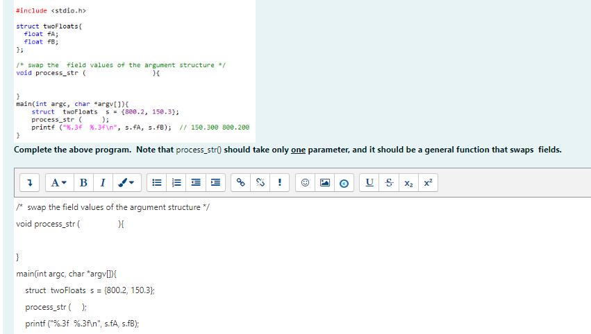 Solved #include struct twoFloats float FA; float FB; /* | Chegg.com