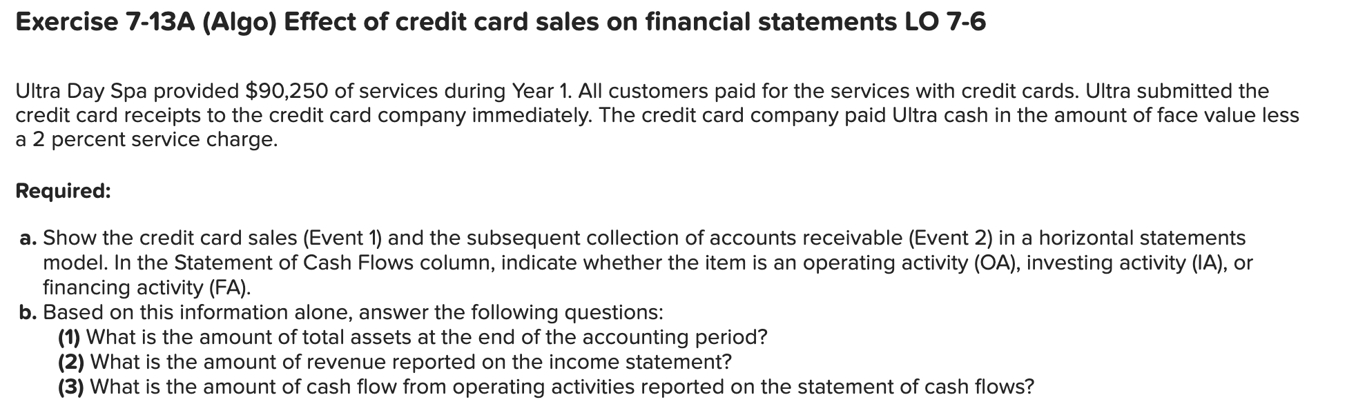 Solved Exercise 7-13A (Algo) Effect of credit card sales on | Chegg.com