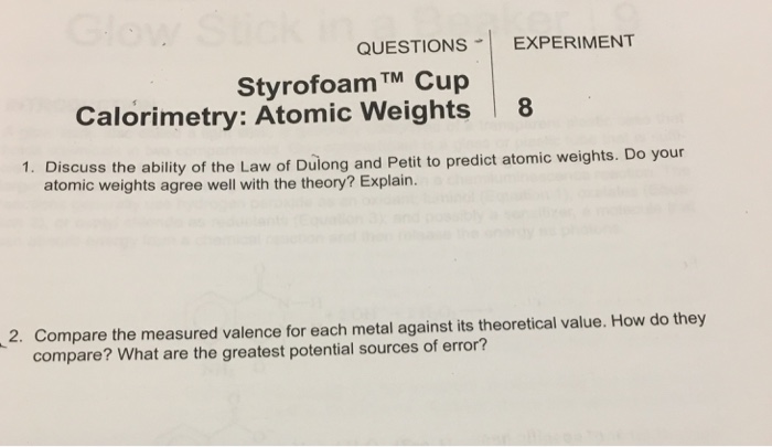 Solved QUESTIONSEXPERIMENT Styrofoam TM Cup Calorimetry: | Chegg.com