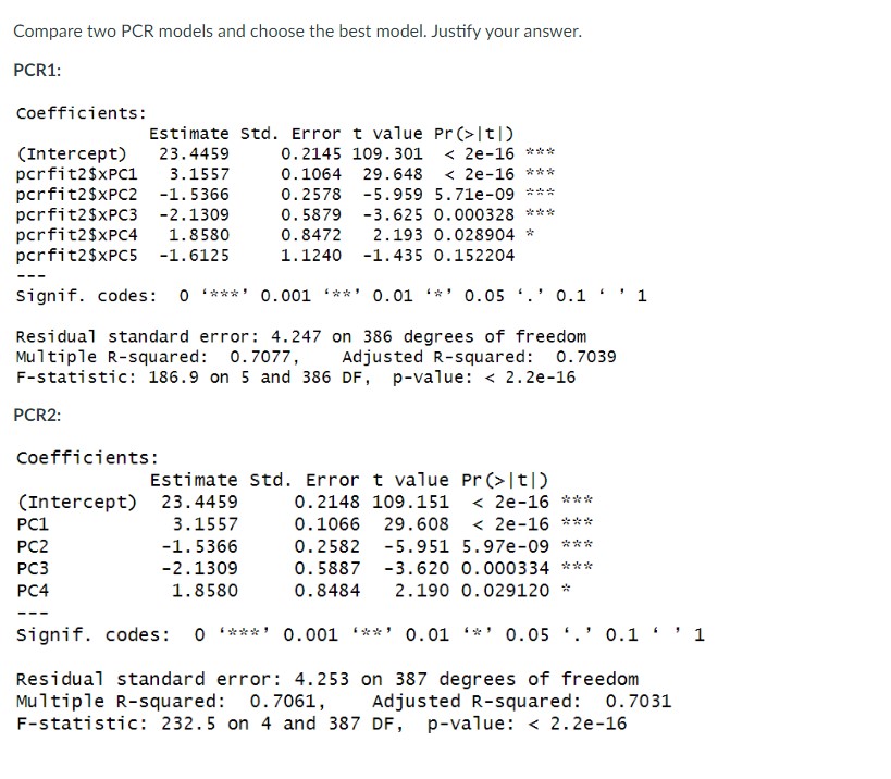Compare two PCR models and choose the best model. | Chegg.com