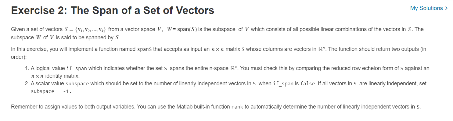 Exercise 2: The Span of a Set of Vectors My Solutions | Chegg.com
