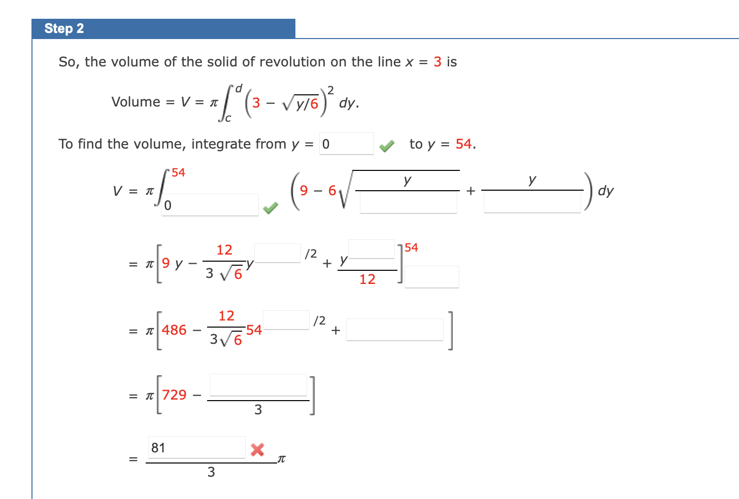 Solved Step 2 So, the volume of the solid of revolution on | Chegg.com