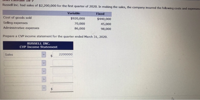 Solved Russell Inc. had sales of $2,200,000 for the first | Chegg.com