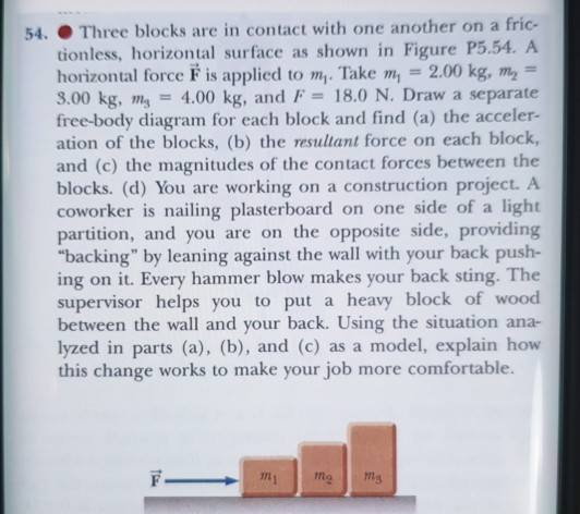 Solved 54. Three blocks are in contact with one another on a | Chegg.com