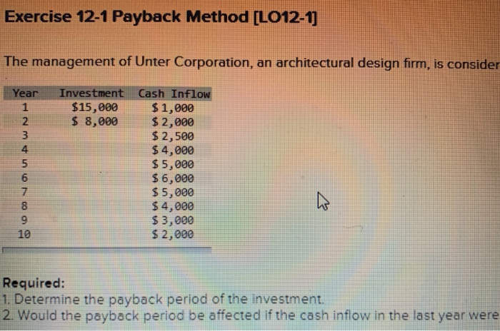 Solved Exercise 12-1 Payback Method [LO12-11 The management | Chegg.com