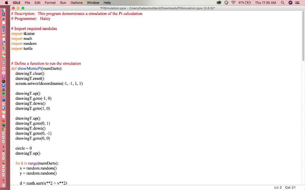 Monte Carlo Pi simulation using turtle and tkinter. | Chegg.com