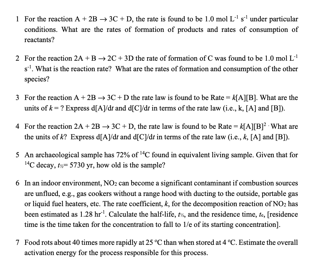 Solved 1 For the reaction A + 2B → 3C + D, the rate is found | Chegg.com
