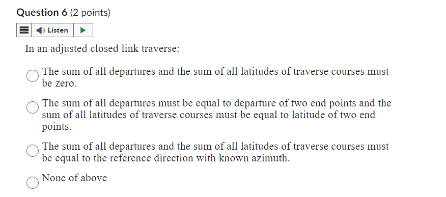Solved In an adjusted closed link traverse: Question 6 | Chegg.com