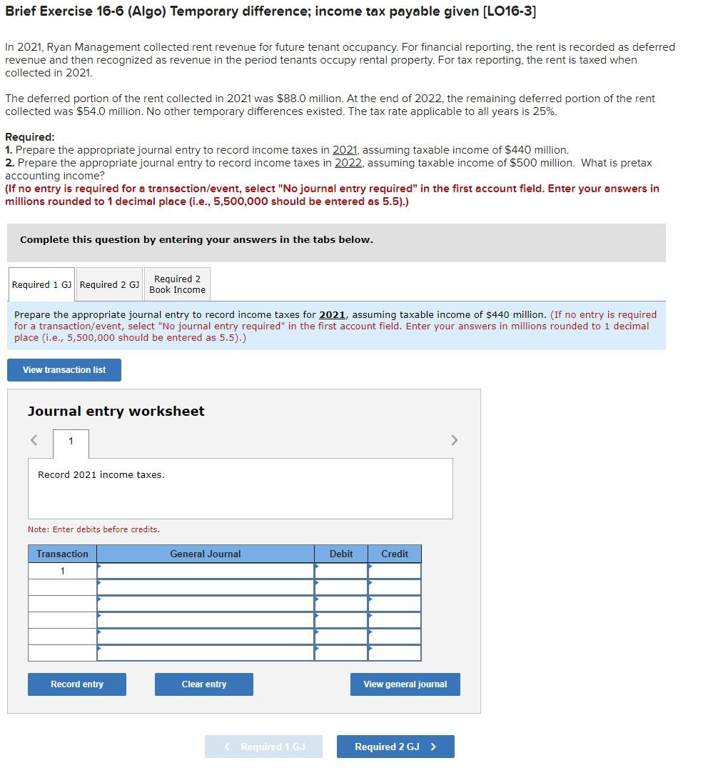 Solved Brief Exercise 16-6 (Algo) Temporary difference; | Chegg.com