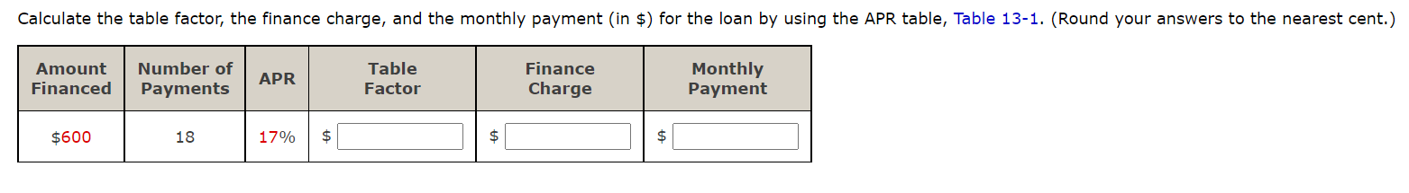 Solved Calculate the table factor, the finance charge, and | Chegg.com
