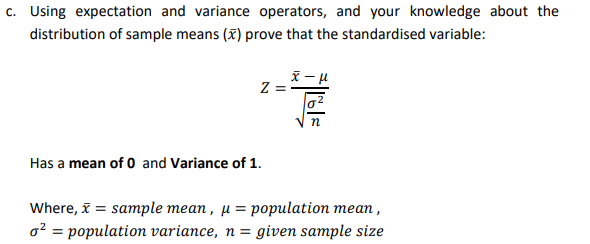 Solved c. Using expectation and variance operators, and your | Chegg.com