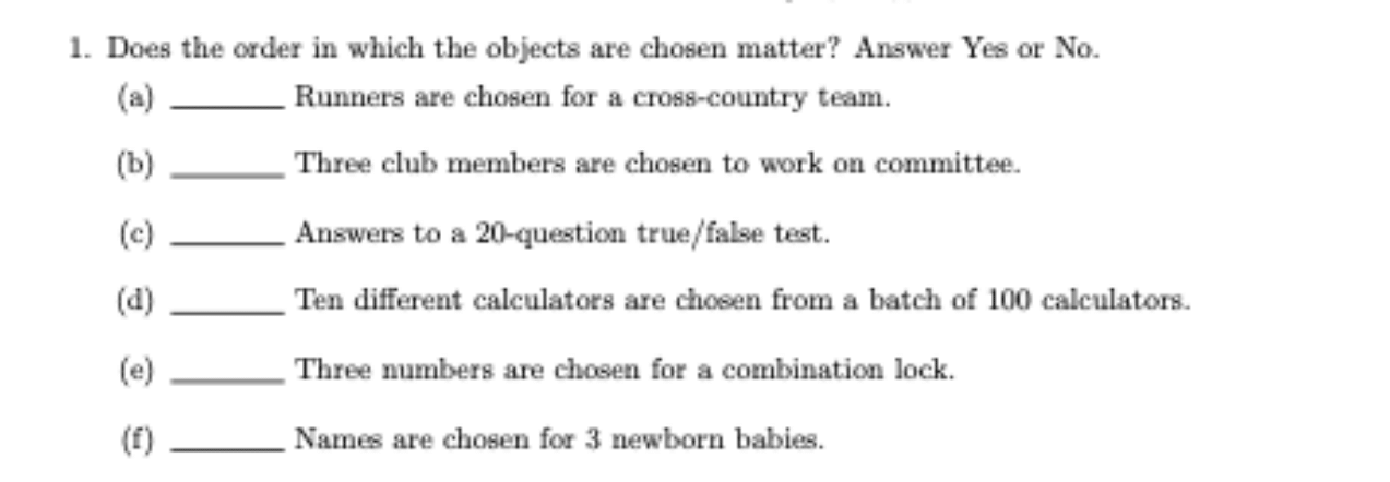 Solved 1. Does the order in which the objects are chosen | Chegg.com