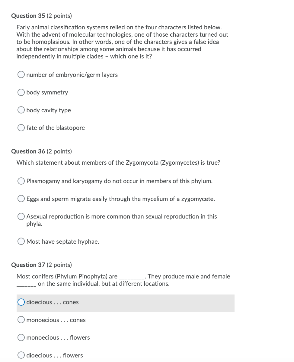 Solved Question 35 (2 points) Early animal classification | Chegg.com