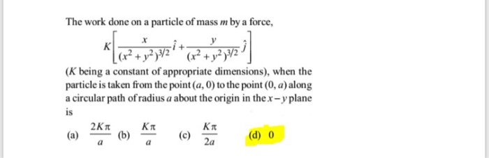 Solved The work done on a particle of mass m by a force, y к | Chegg.com