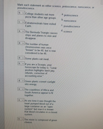 Solved Mark each statement as either science, protoscience. | Chegg.com