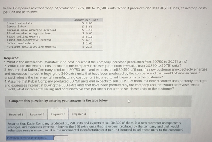 Solved Kubin Company's relevant range of production is | Chegg.com