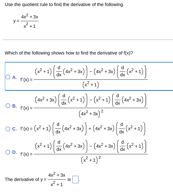 Solved Use the quotient rule to find the derivative of the | Chegg.com