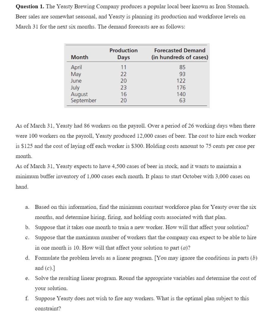 Solved Question 1. The Yeasty Brewing Company produces a | Chegg.com